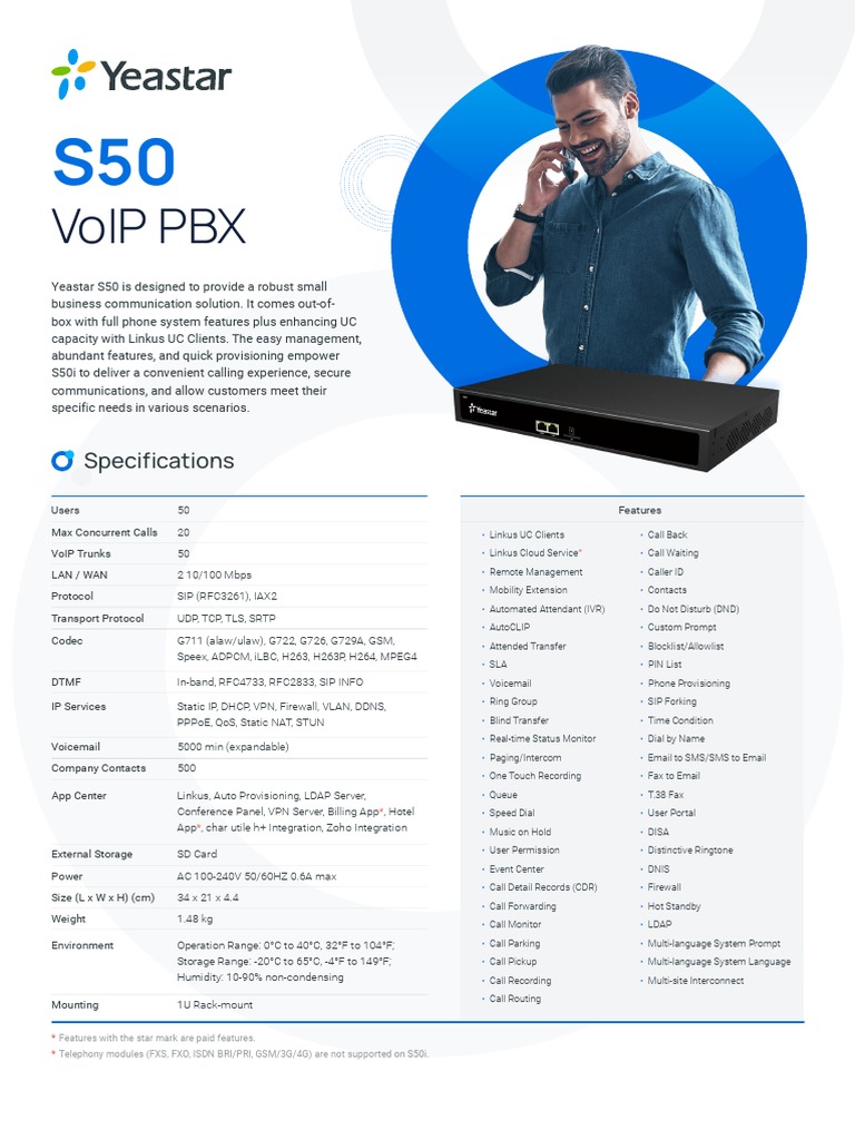 Yeastar S50i VoIP PBX Datasheet en | PDF | Voice Over Ip | Session Initiation Protocol