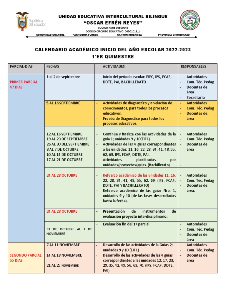 Calendario Académico Inicio Del Año Escolar 2022-2023 | PDF