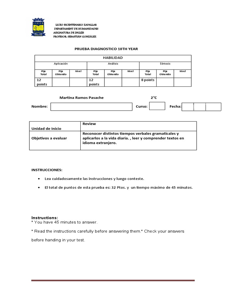 Diagnostico Inglés 10th Grade | PDF | Wellness