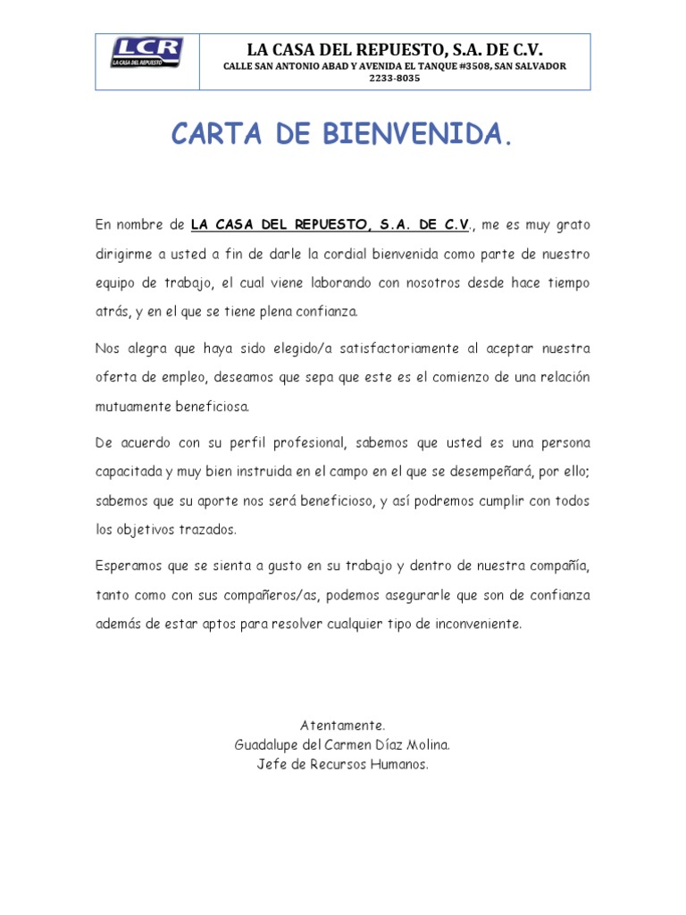 Carta de Bienvenida | PDF