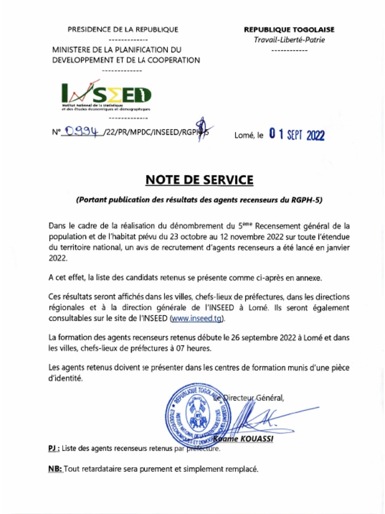 N°0994 - RGPH 5 - Note de Service Portant Publication Résultats AR de ...