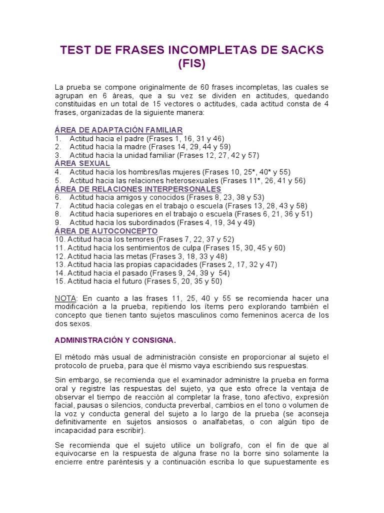 Test de Frases Incompletas de Sacks | PDF | Las emociones | Actitud ...