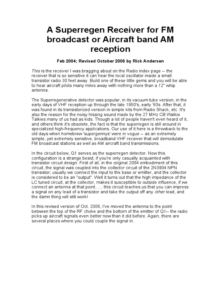 A Superregen Receiver For FM Broadcast or Aircraft Band AM Reception ...