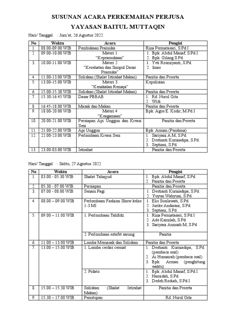 Susunan Acara Perkemahan Perjusa | PDF