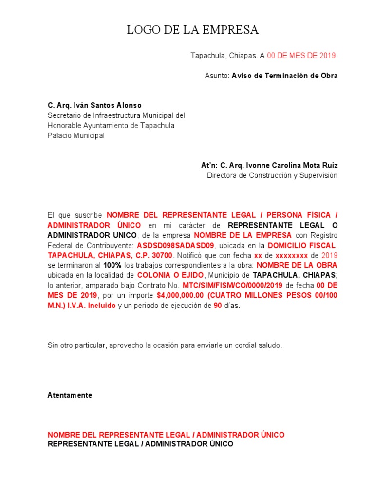 AVISO DE TERMINACION DE OBRA | PDF