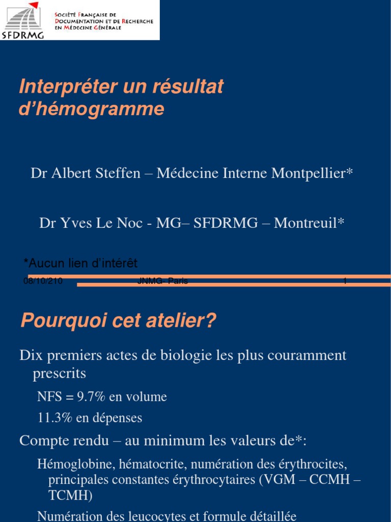 Lecture Hemogramme JNMG 2010 | PDF | Spécialités médicales | Médecine clinique
