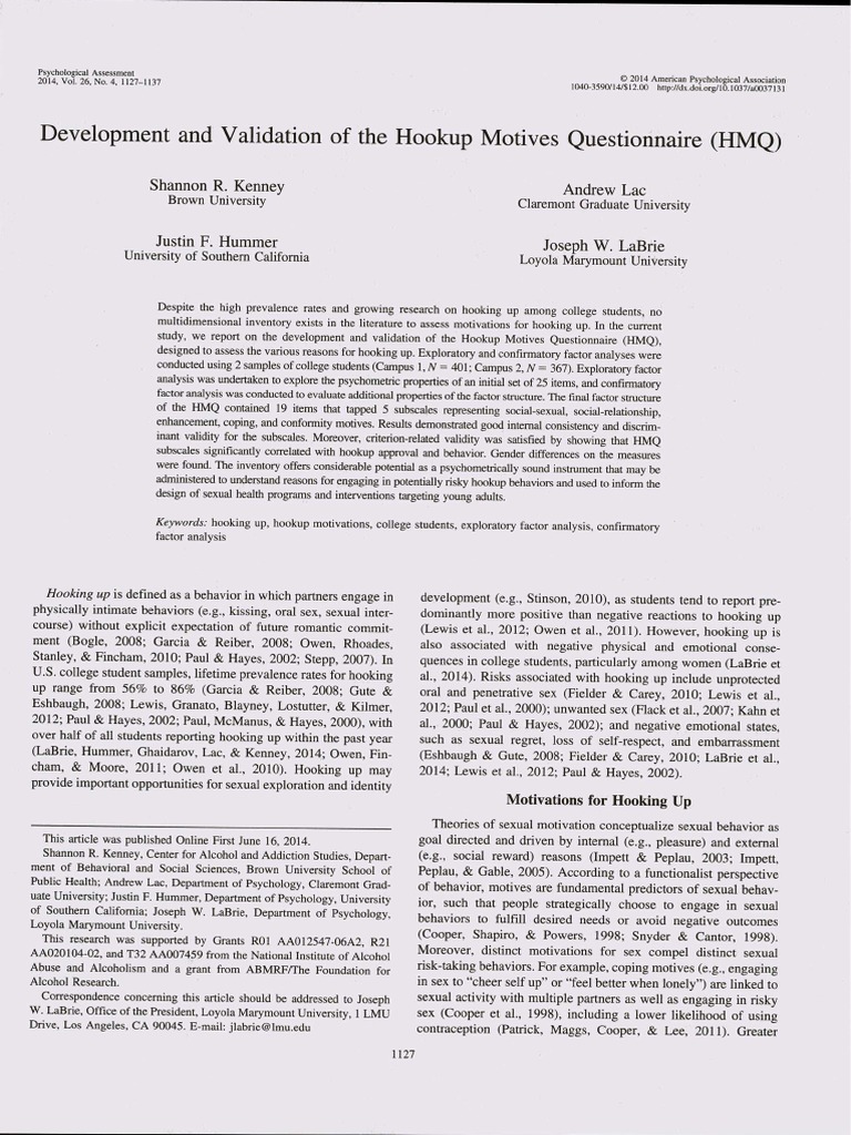 Development And Validation Of The Hookup Motives Questionnaire Hmq Pdf Factor Analysis