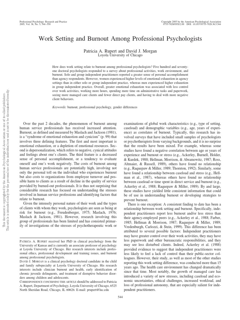 Work Setting and Burnout Among Professional Psychologists | PDF ...