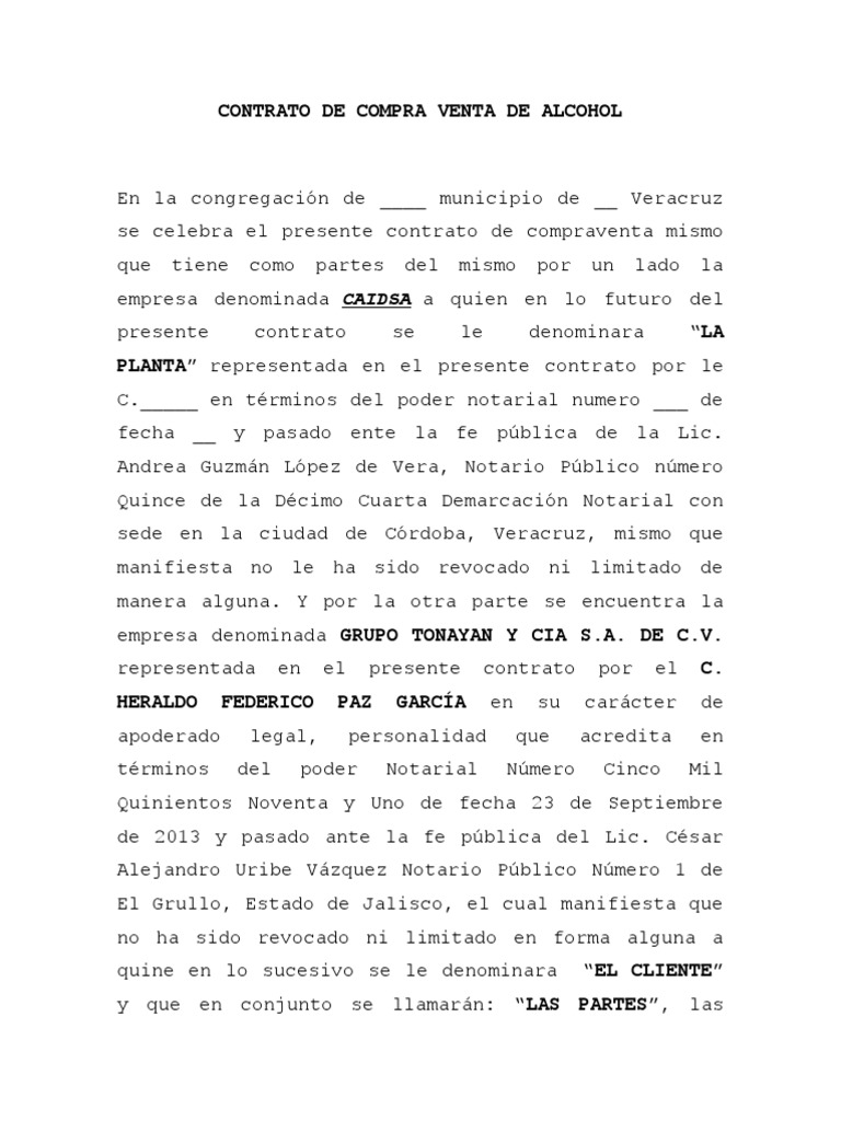Contrato de Compra Venta de Alcohol Con Grupo Tonayan y Cia | PDF ...