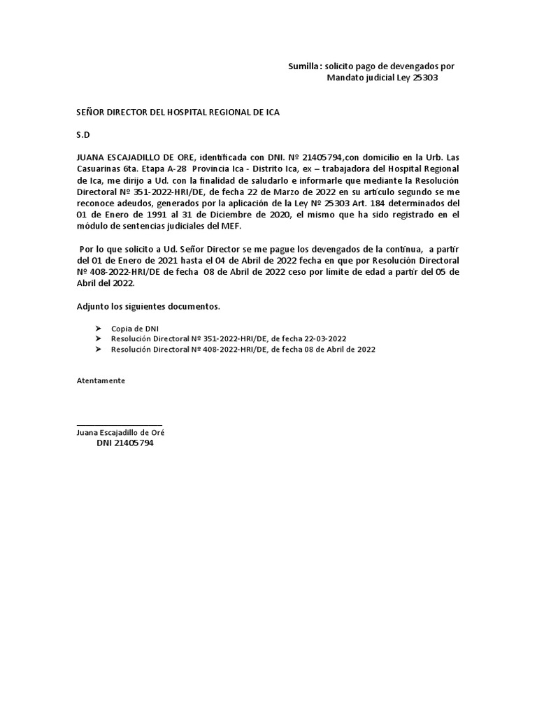 SOLICITO PAGO DE DEVENGADOS POR LA lEY 25303 - JUANA | PDF | Finanzas y dinero | Derecho