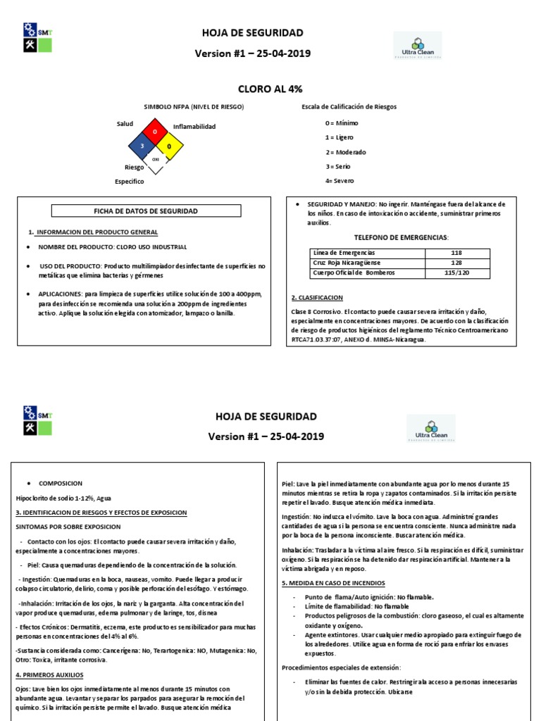 Hoja de Seguridad Cloro Uso Industrial SMT | PDF | Agua | Quemar