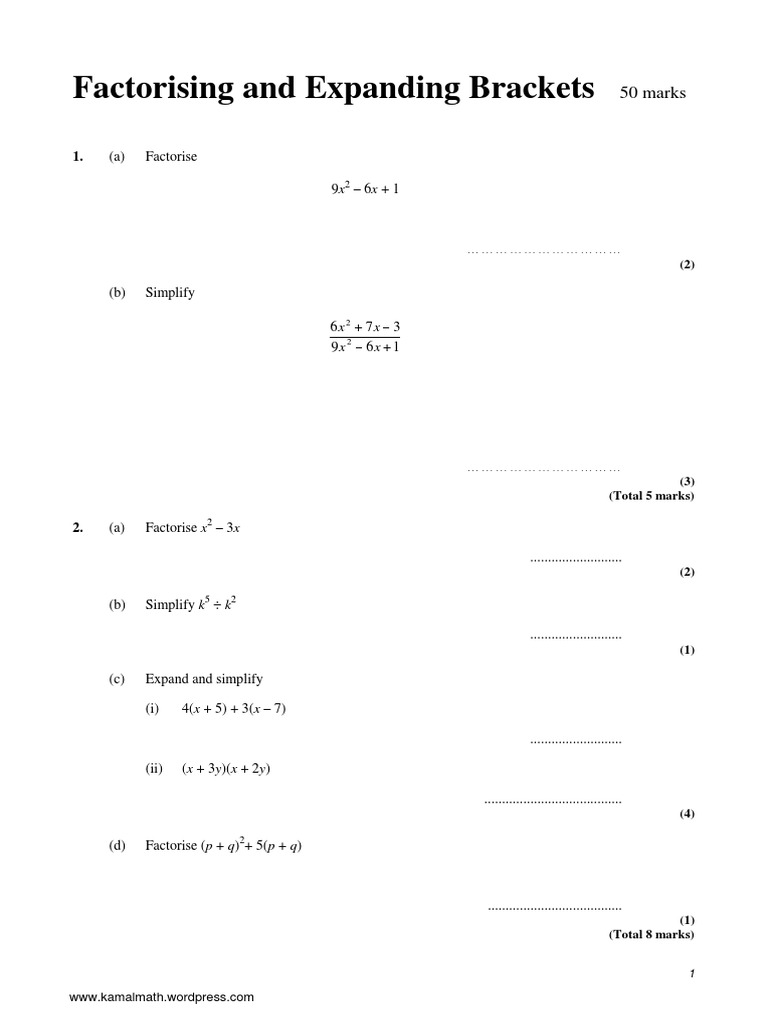 Factorising and Expanding Brackets Q | PDF