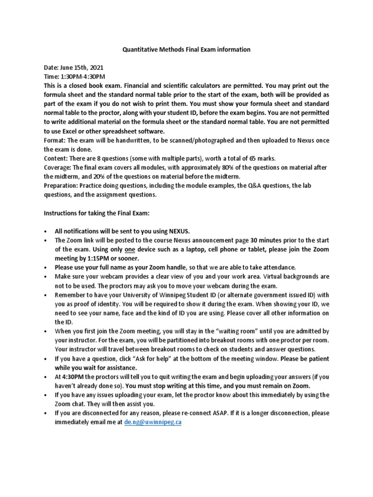 Instructions For Students For Quantitative Methods Final Exam | PDF ...