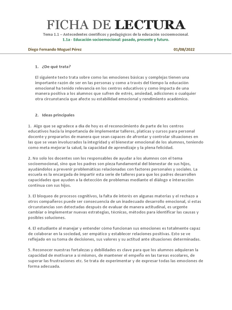 Ficha de Lectura 1 | PDF | Las emociones | Aprendizaje