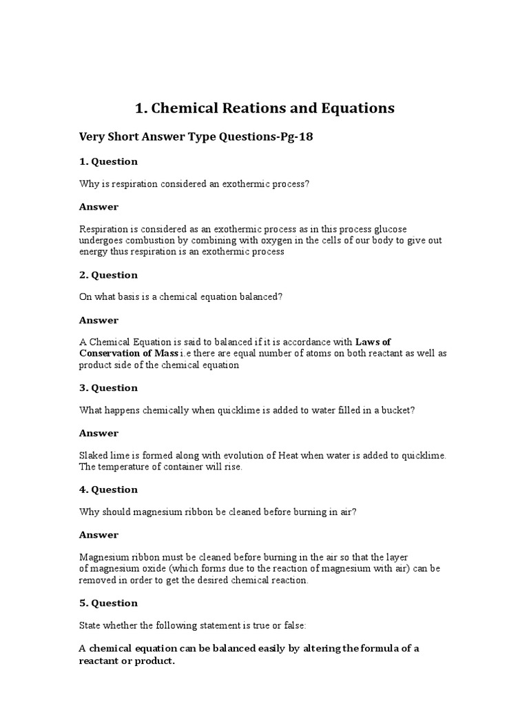 Chemical Reations and Equations: Very Short Answer Type Questions-Pg-18 ...
