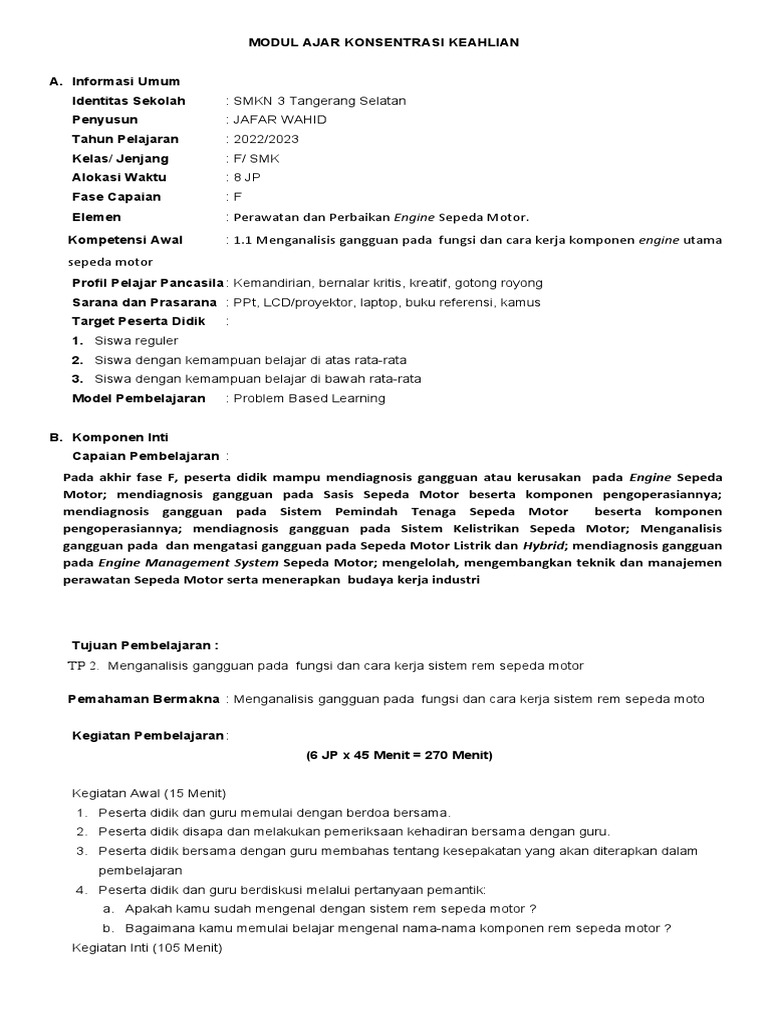 Modul Ajar Produktif TBSM Fase F | PDF