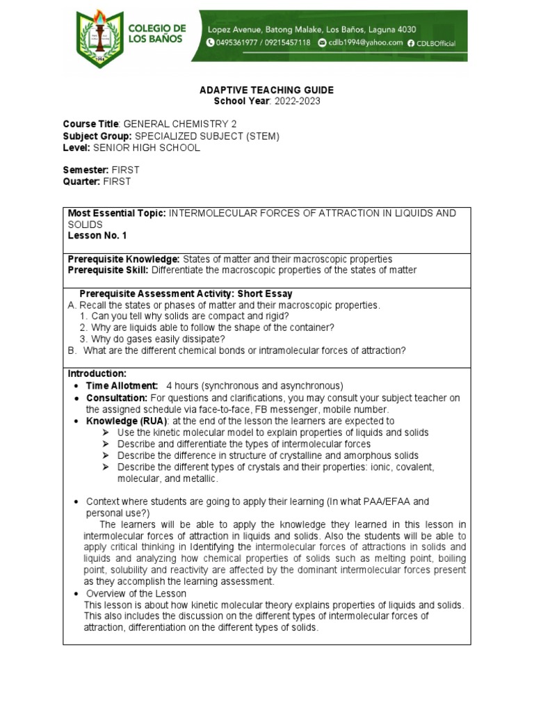 Adaptive Teaching Guide Sample | PDF | Solid | Molecules