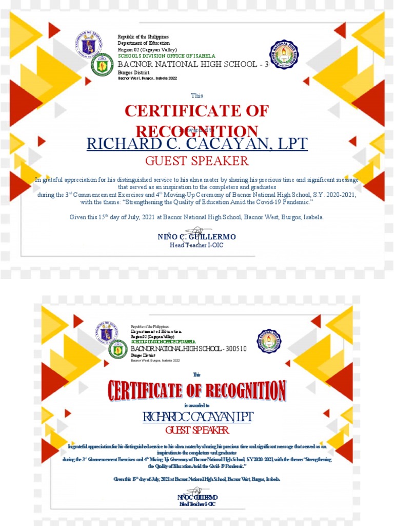 Certificate of Recognition for Guest Speaker | PDF