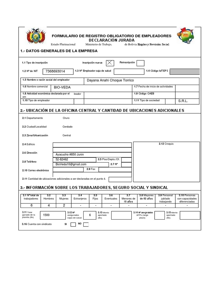 Formulario de Registro Obligatorio de Empleadores Declaración Jurada ...