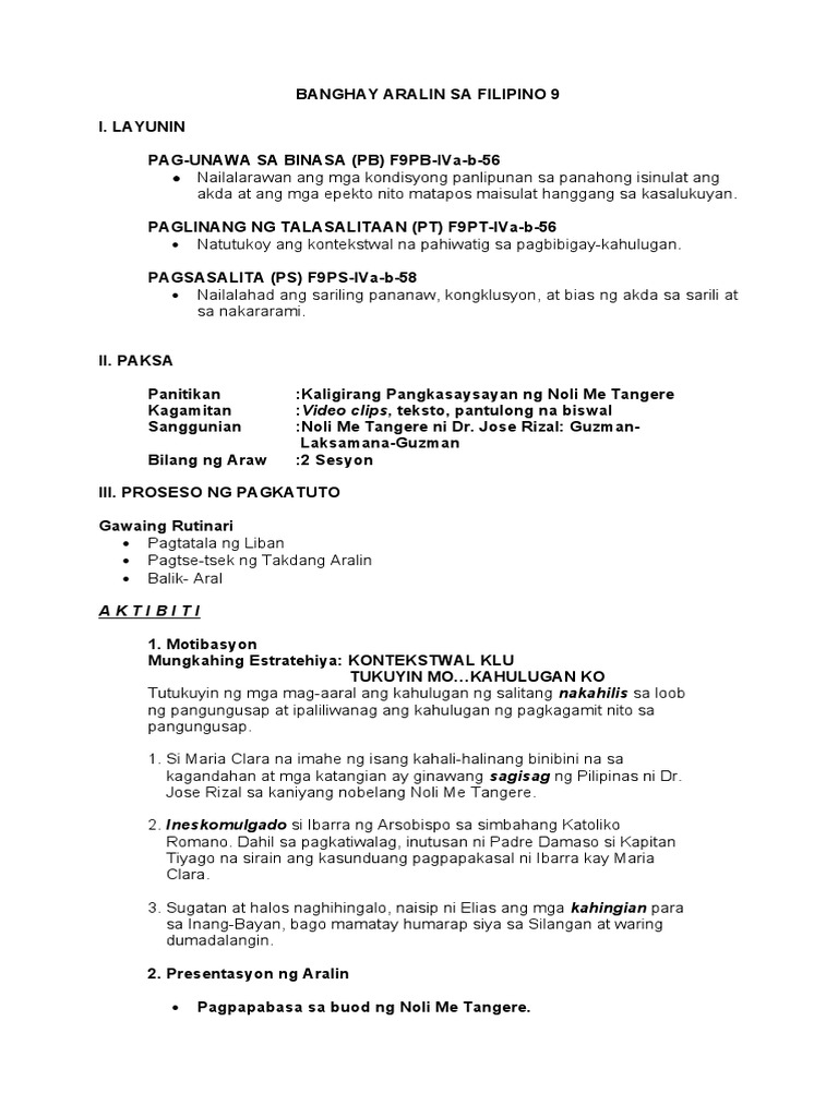 Sample Lesson Plan With Activities Including Rubrics - Filipino 9 | PDF