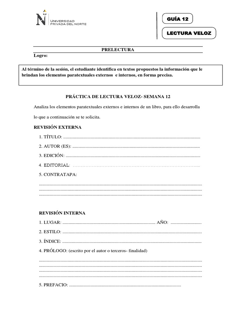 Guía 12 - Lectura Veloz - Prelectura | PDF