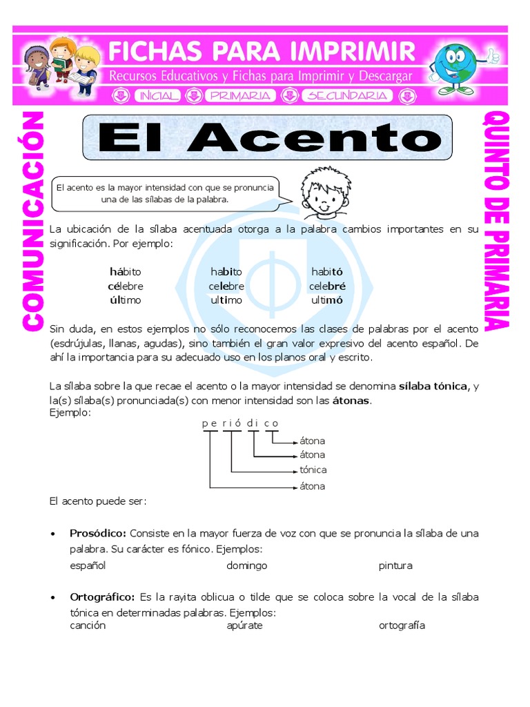 Ficha El Acento para Quinto de Primaria | PDF | Voz humana | Idiomas