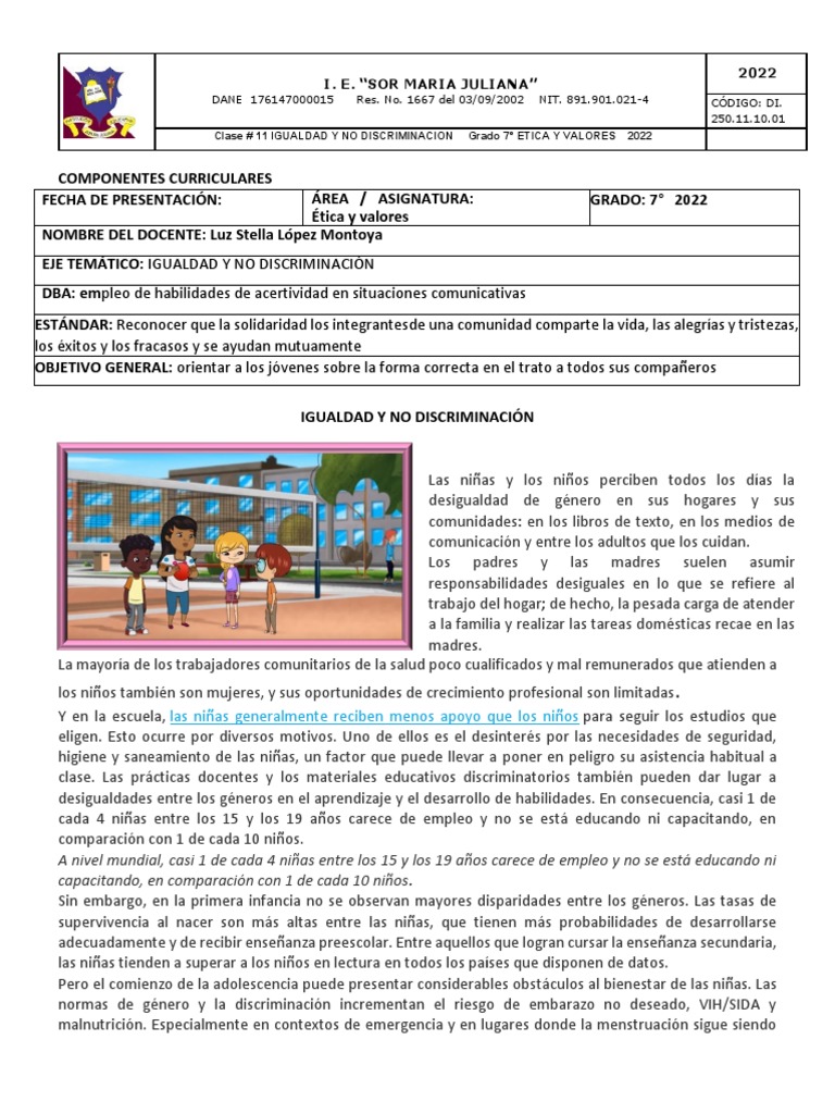 GRADO 7° ÉTICA CLASE # 11 Igualdad y No Discriminación | PDF | Discriminación | Desigualdad social