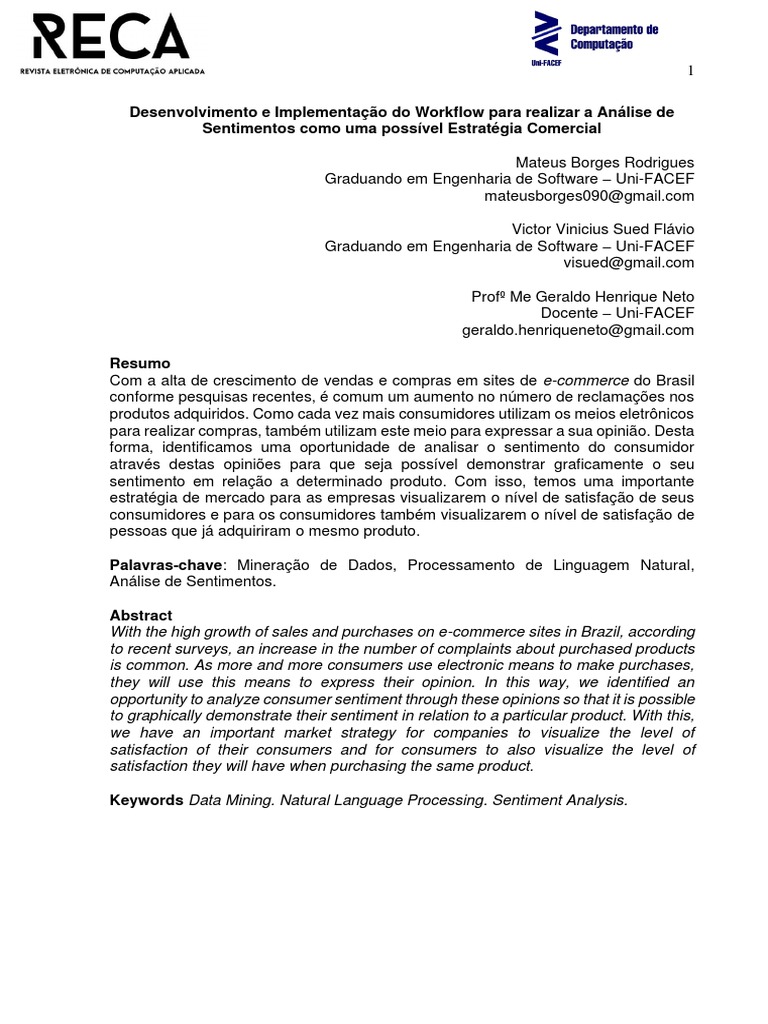 Artigo Tcc Analise De Sentimentos Pdf Mineração De Dados E Commerce