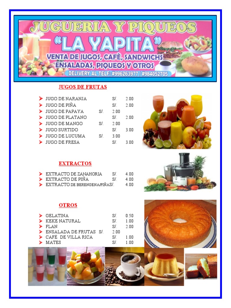 Carta de Jugos y Licuados Naturales | PDF | Cocina, comidas y vino
