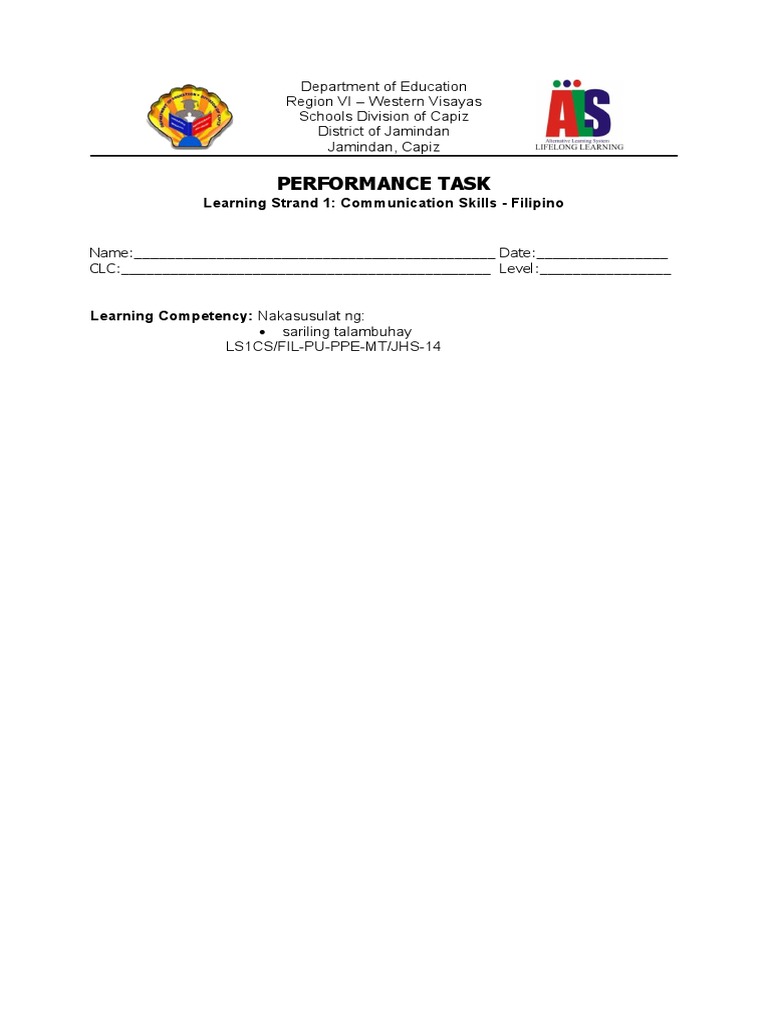 PERFORMANCE TASK - LS 1 Filipino | PDF