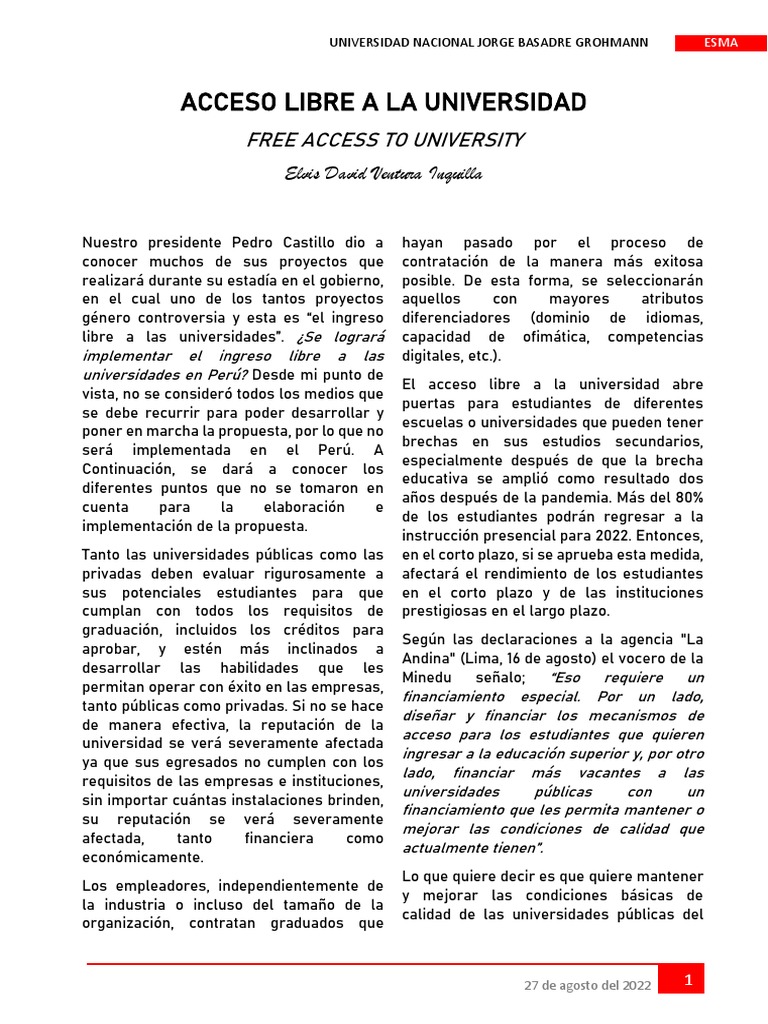 Ensayo Acceso Libre A La Universidad 2022-177037 | PDF | Perú ...
