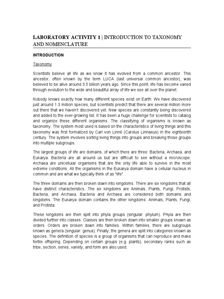 Laboratory Activity 1 Pdf Life Genus