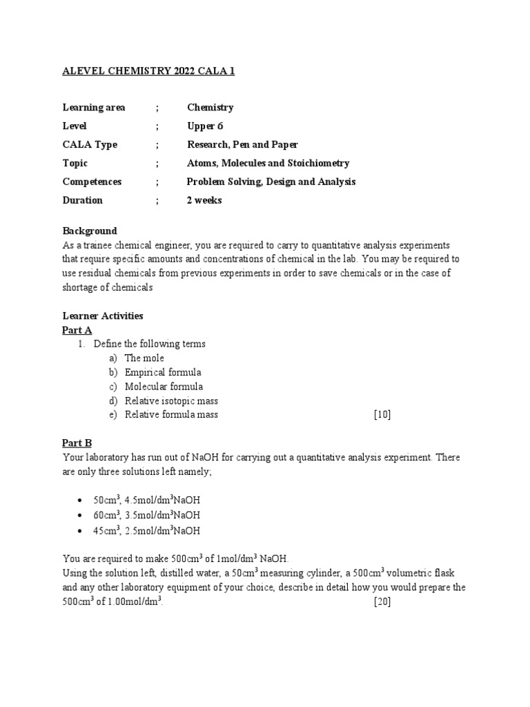 Alevel Chemistry 2022 Cala 1 | PDF | Mole (Unit) | Chemistry