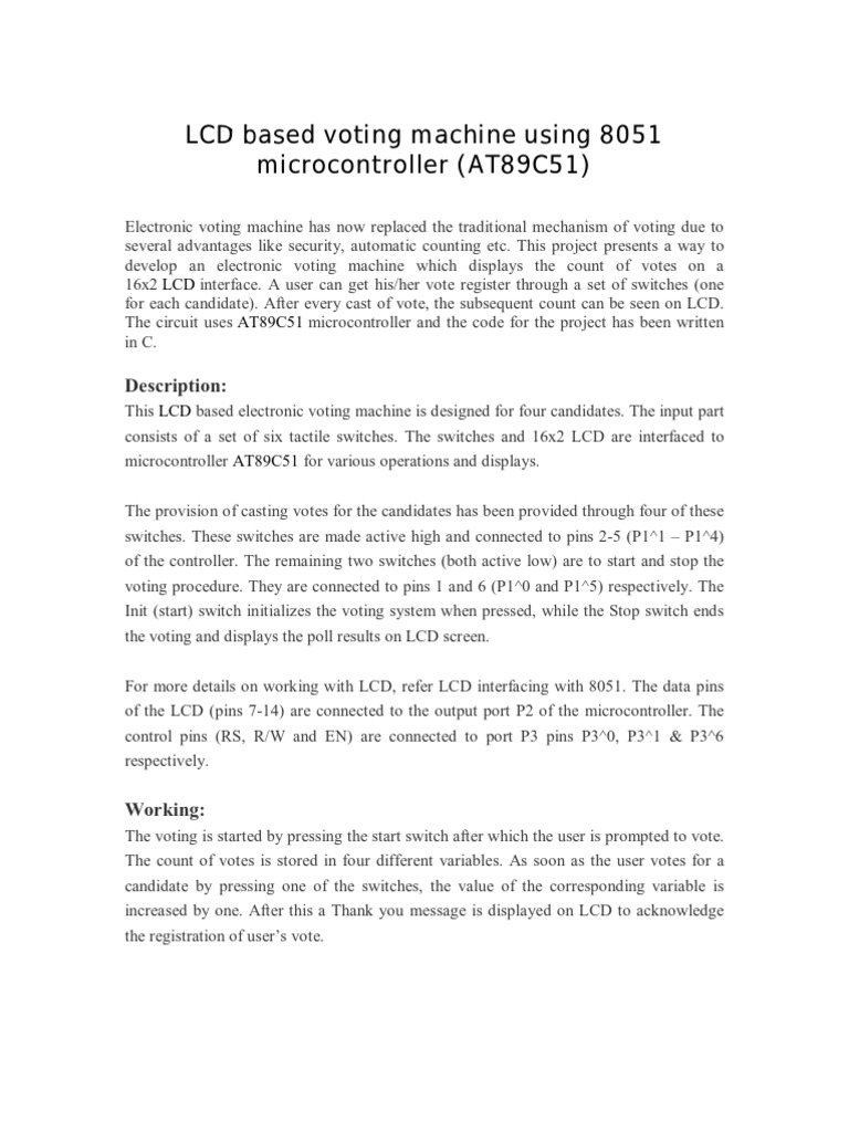 LCD Based Voting Machine Using 8051 Microcontroller (AT89C51) | PDF