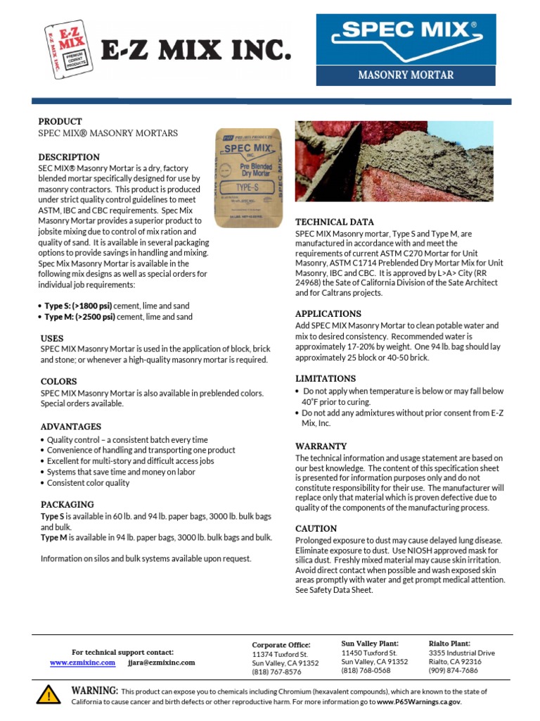 SPECMIXMasonry Mortar TDS | PDF | Mortar (Masonry) | Masonry