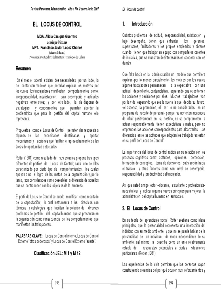 Teoria Del Locus de Control | PDF | Comportamiento | Aprendizaje