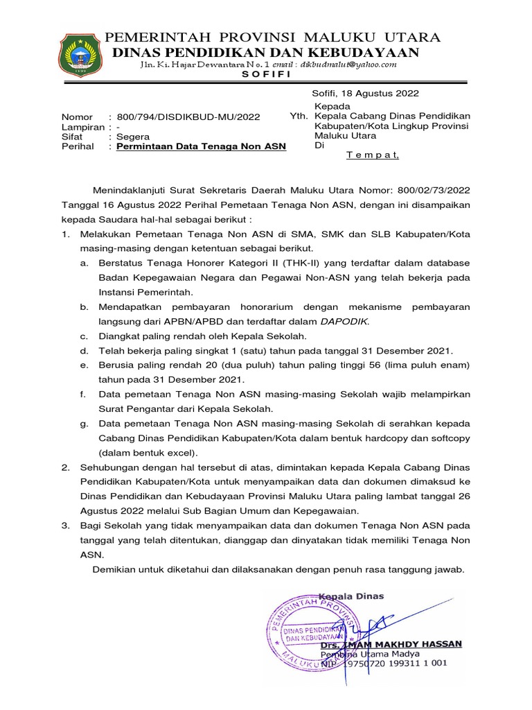 Surat Permintaan Data Honorer Sekolah DIkbud | PDF