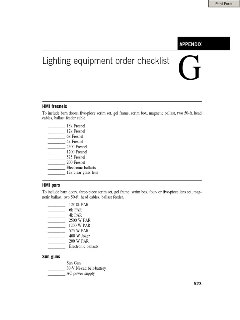 01 Lighting Equipment Order Checklist | PDF | Electromagnetic Radiation ...
