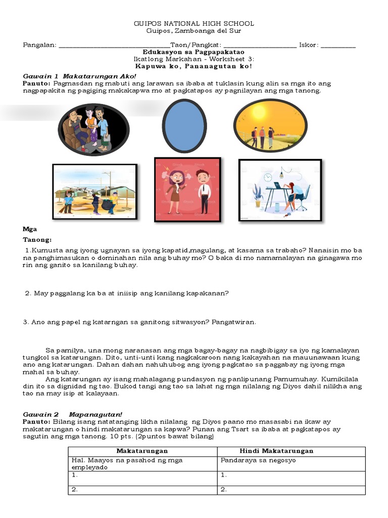 EsP 9 Worksheet Week 3 | PDF