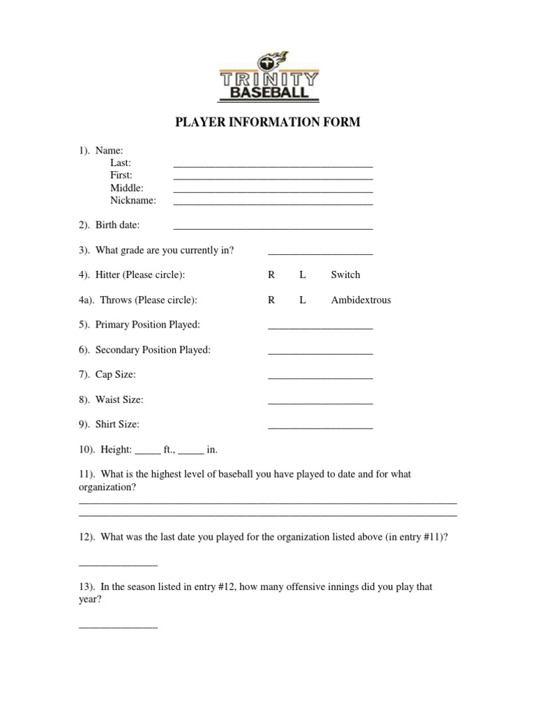 Player Information Form for Softball | PDF | Games Of Physical Skill ...