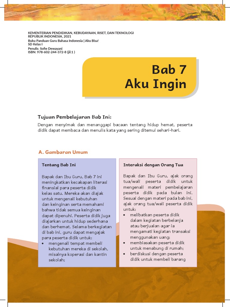 Buku Guru Bahasa Indonesia Bab 7 KELAS 1 | PDF