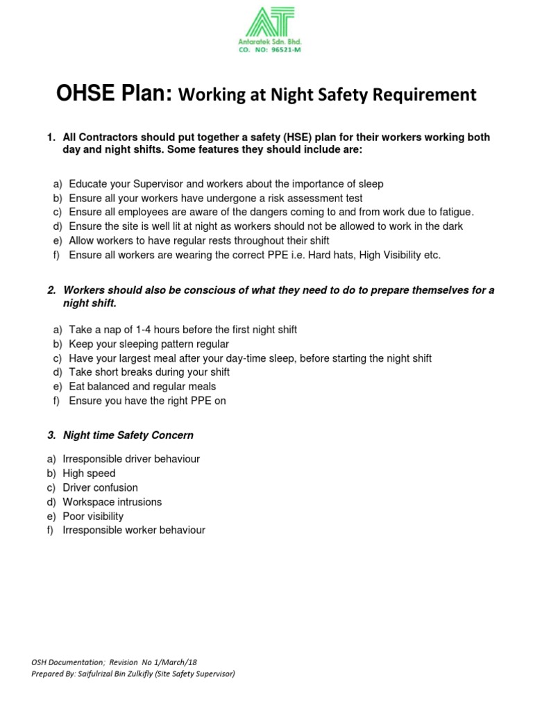 OHSE Plan Working at Night Safety Requirement | PDF | Shift Work ...