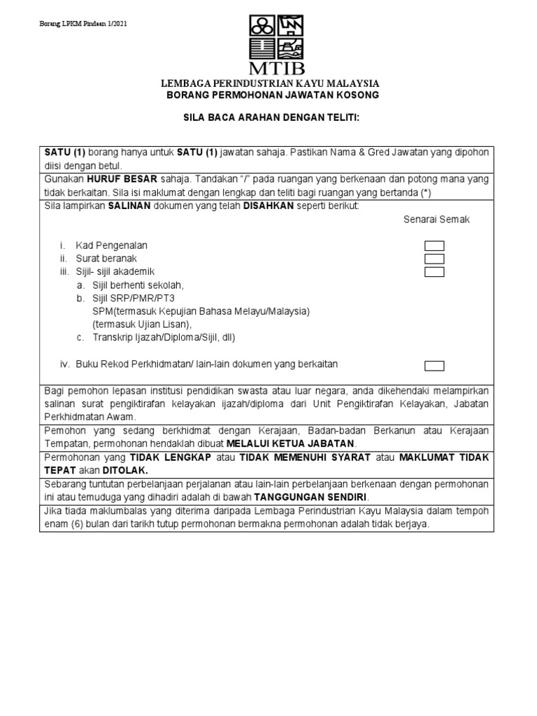 3 Mtib - Borang - Permohonan - Jawatan - Kosong 30.4.2021 | PDF
