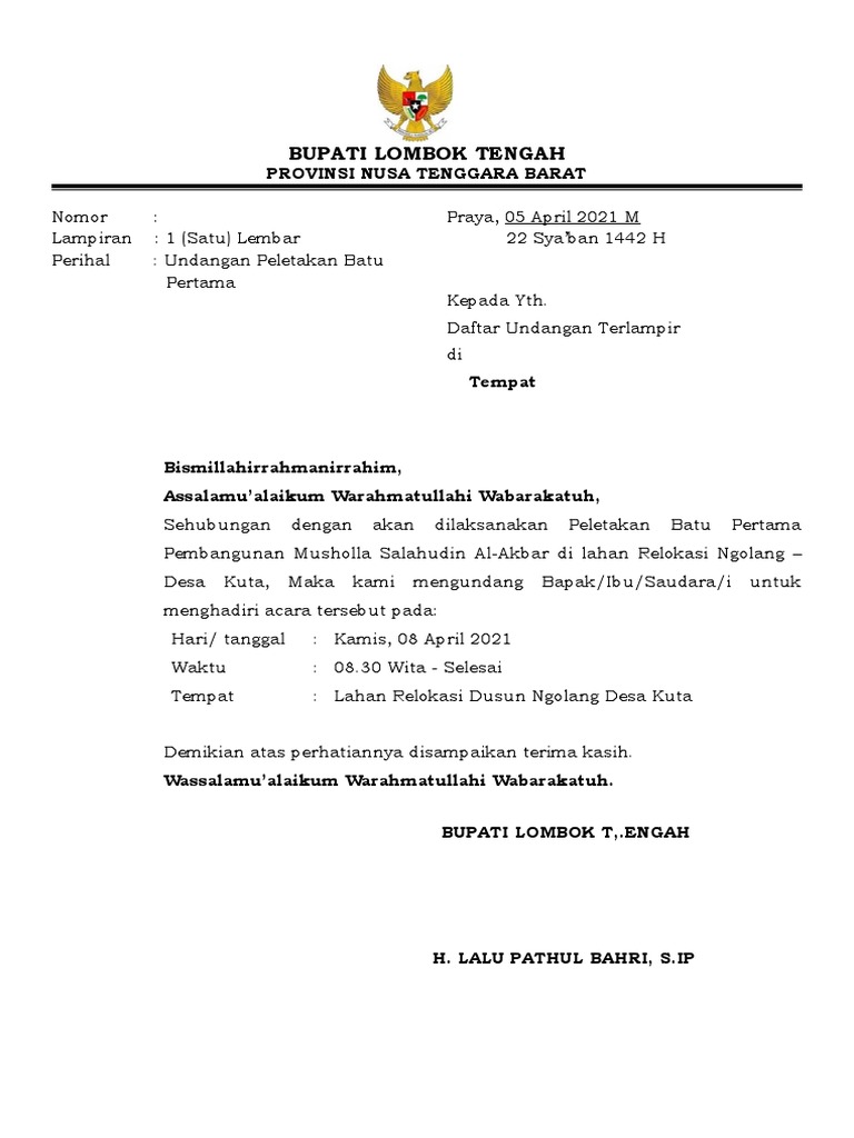 Surat Undangan Peletakan Batu Pertama Dusun Ngolang Desa Kuta | PDF