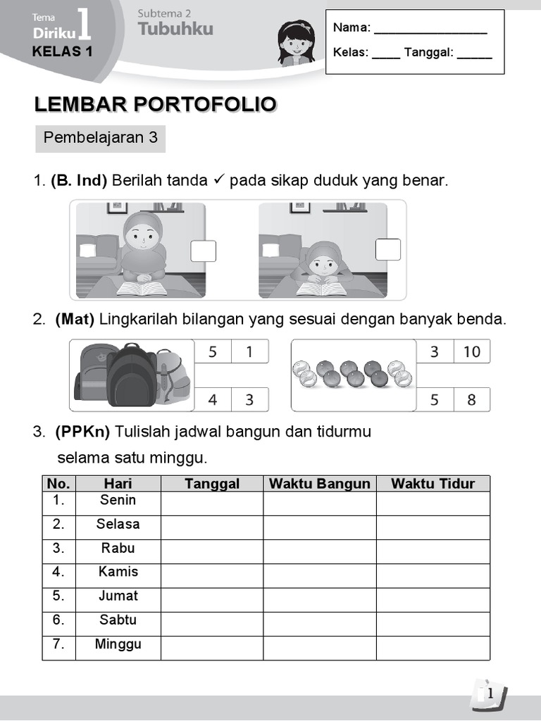 Lembar Portofolio Bupena Kelas1 Tema1 Subtema2 | PDF