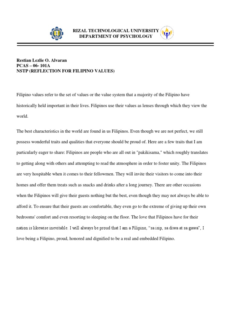 Filipino Values Reflection | PDF
