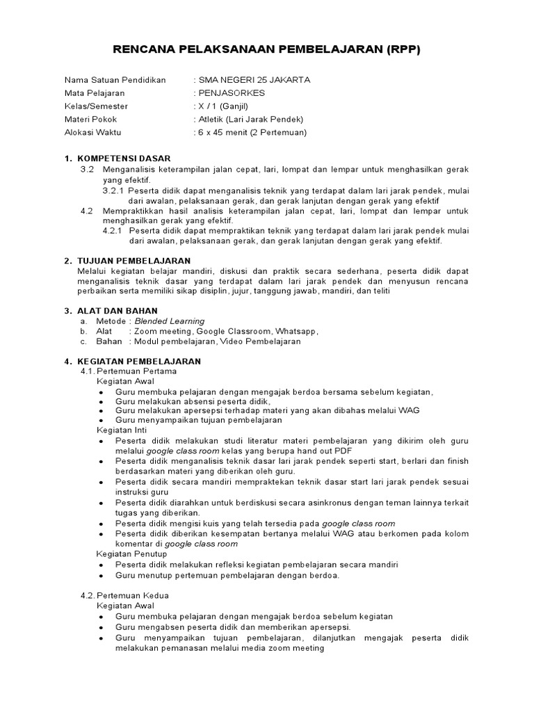 RPP PJOK KELAS X (Atletik - Lari Jarak Pendek) | PDF