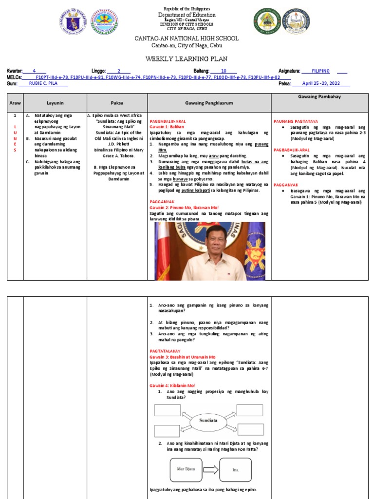 Weekly Learning Plan Filipino 10 Q3 M4 1 | PDF