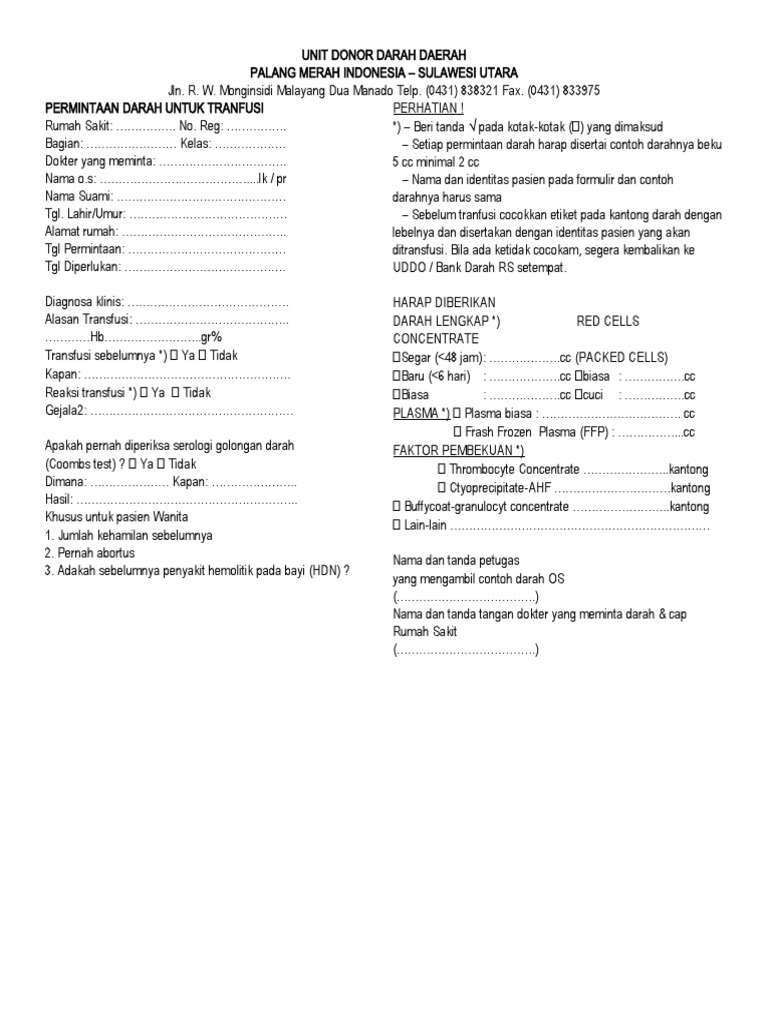 Form Permintaan Darah Tranfusi Pmi | PDF