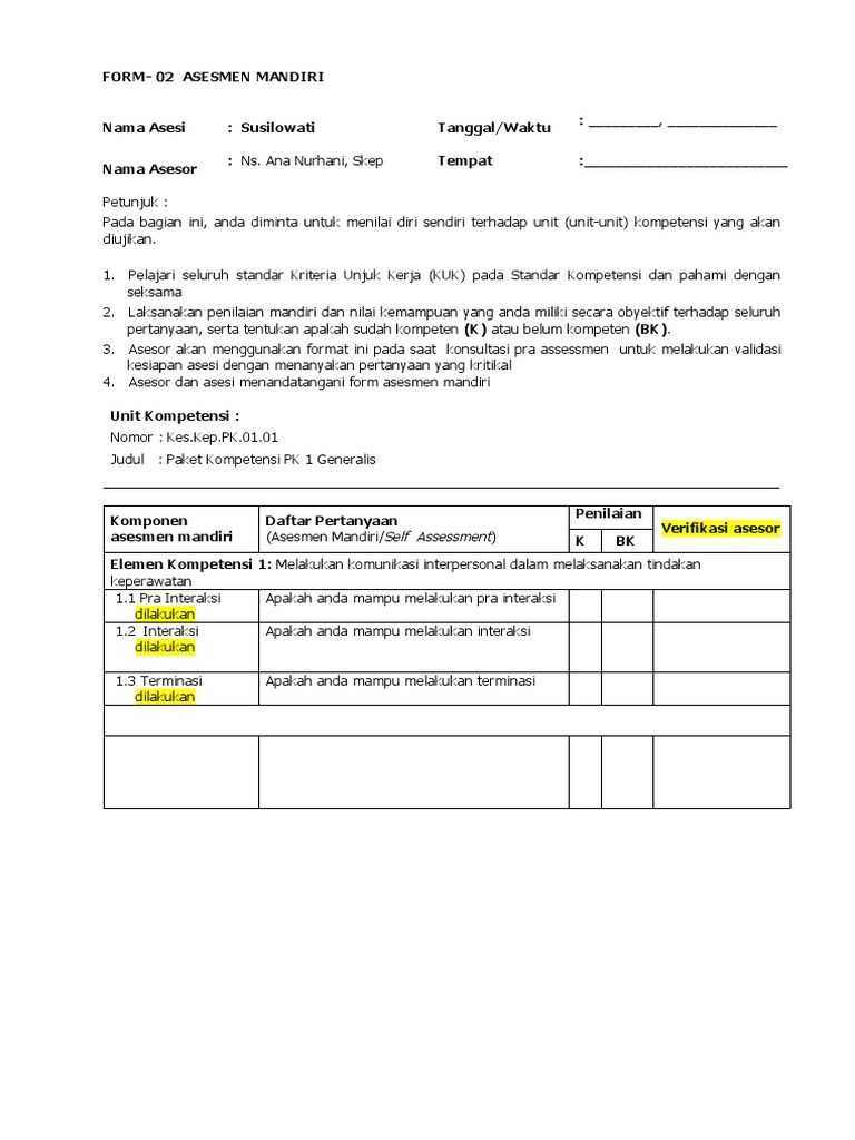 FORM-02 Asesmen Mandiri | PDF
